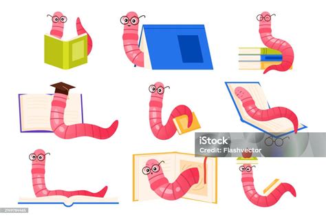 Cute Bookworms Set Pink Smart Worms With Glasses And Graduation Cap Reading Books Stock
