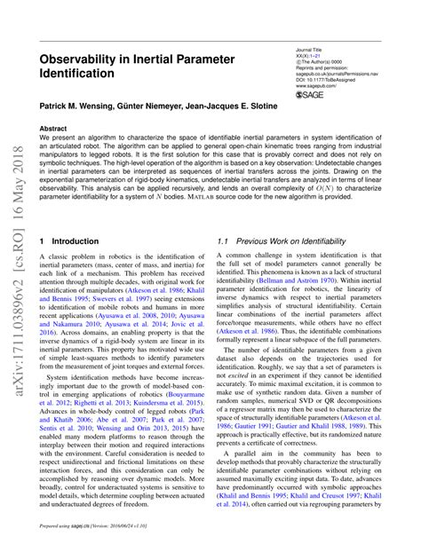 Pdf Observability In Inertial Parameter Identification