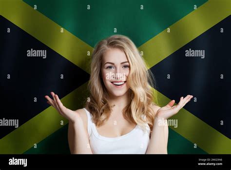 Jamaica Concept With Happy Surprised Cute Girl With Jamaica Background