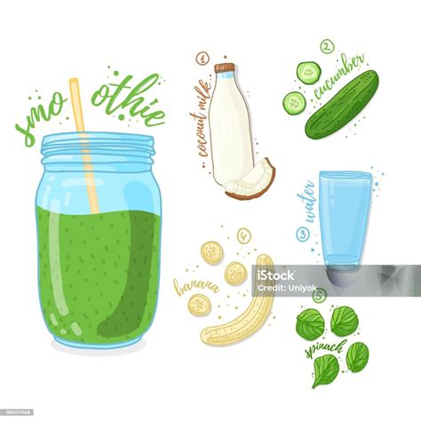건강 한 생활에 대 한 녹색 칵테일입니다 오이 코코넛 우유 바나나 및 시금치의 수호신 유리 항아리에 레시피 채식 유기 스무디입니다 다이어트에 대 한 해독 음료와 함께 서식