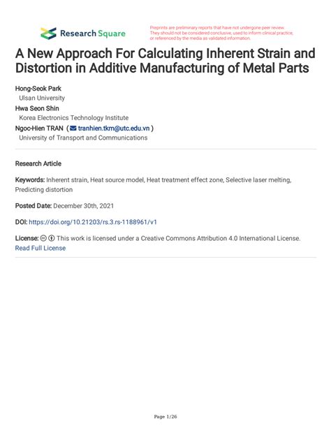 Pdf A New Approach For Calculating Inherent Strain And Distortion In Additive Manufacturing Of