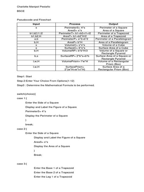 Pseudocode And Flowchart Pestaño Charlotte Manipol Pdf Area Rectangle