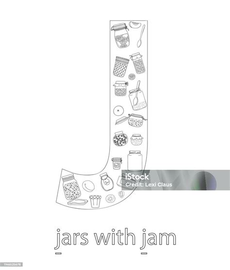 흑백 알파벳 문자 J 파 닉스 플래시 카드 만화 스타일 잼 항아리와 독서를 가르치는 귀여운 편지 J 어린이를 위한 색칠 공부