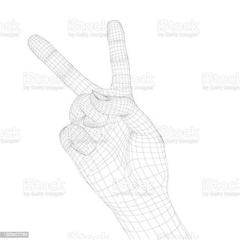 인간의 손의 와이어 프레임은 두 손가락을 보여줍니다 평화의 상징 3d 벡터 일러스트레이션 3차원 형태에 대한 스톡 벡터 아트 및 기타 이미지 Istock