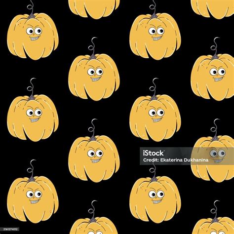 해피 할로윈 테마에 다채로운 완벽 한 패턴 소름 끼치는 Skary 얼굴을 가진 복고풍 그루비 캐릭터 노란 호박 검은 배경에 현대 벡터 일러스트 레이 션 10월에 대한 스톡