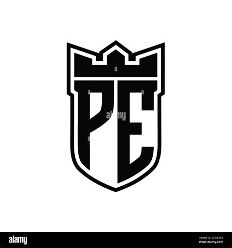 Pe Letter Logo With Shield Shape With Geometric Crown Inside Black Outline On White Background