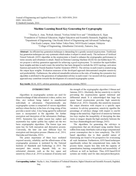 Pdf Machine Learning Based Key Generating For Cryptography