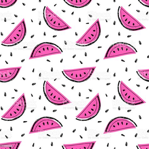 손으로 그린 물 멜론과 컬러 모양의 벡터 일러스트 레이 션과 함께 완벽 한 패턴입니다 여름 밝은 파티 패브릭 질감의 워터 멜론과 씨앗의 부분 0명에 대한 스톡 벡터 아트 및