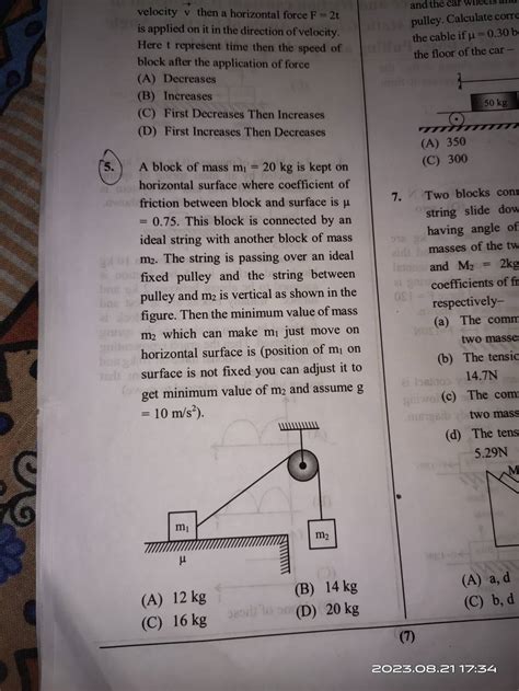 5 A Block Of Mass M1 20 Kg Is Kept On Horizontal Surface Where Coeffi