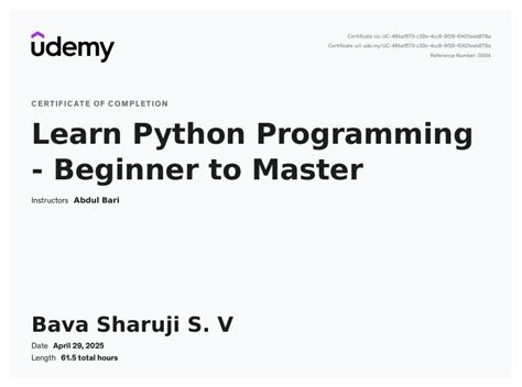 i ve successfully completed the “learn python programming beginner to master” course by abdul
