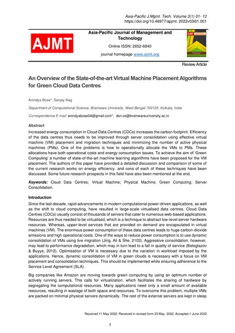 PDF An Overview Of The State Of The Art Virtual Machine Placement