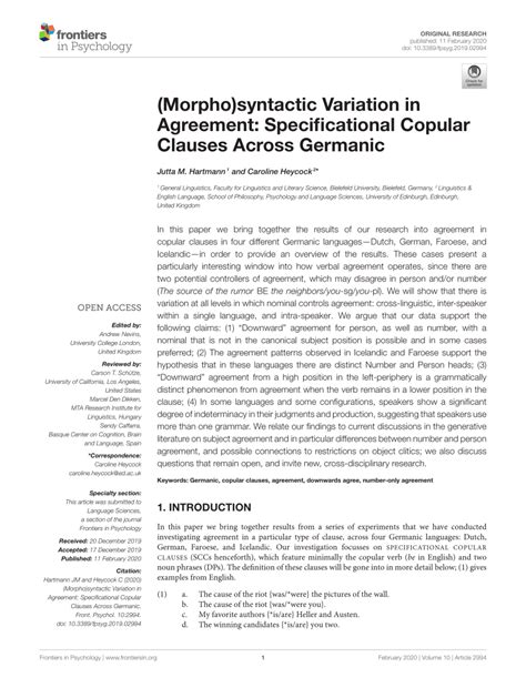 Pdf Morpho Syntactic Variation In Agreement Specificational Copular Clauses Across Germanic