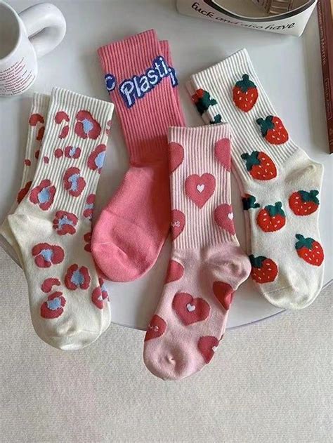 Mujer 4 Pares Calcetines De Tripulación Con Patrón De Fresa