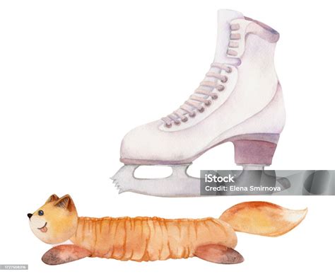 손으로 그린 수채화 피겨 스케이팅 부츠 귀여운 장난감 여우 봉제 담그는 사람 겨울 스포츠 장비 격리된 개체 흰색 배경에 대한 그림입니다 디자인 포스터 인쇄물 웹 사이트 카드