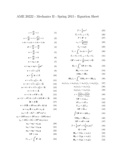 Dynamics Equation Sheet Pdf