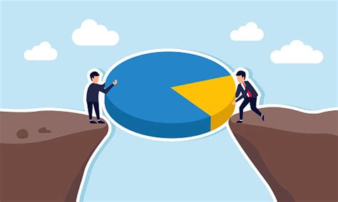 절벽의 양쪽 끝에 서 있는 두 명의 사업가가 함께 거대한 파이 차트를 들어 올리고 있으며 지분 비율에 따라 사업 이익을 나누는 합작 투자 회사의 그림입니다 개발에 대한 스톡