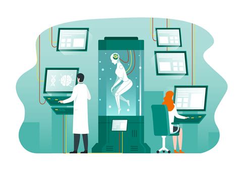 Humanoid Robot In Science Laboratory With Scientist Working On Computer