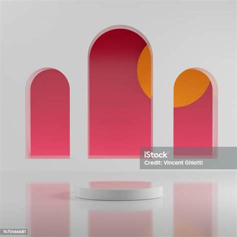 추상적인 개념은 하늘 장면이 있는 깨끗한 흰색과 빨간색으로 제품에 대한 연단을 조롱합니다 무대에 대한 스톡 사진 및 기타 이미지 무대 프랑스 0명 Istock