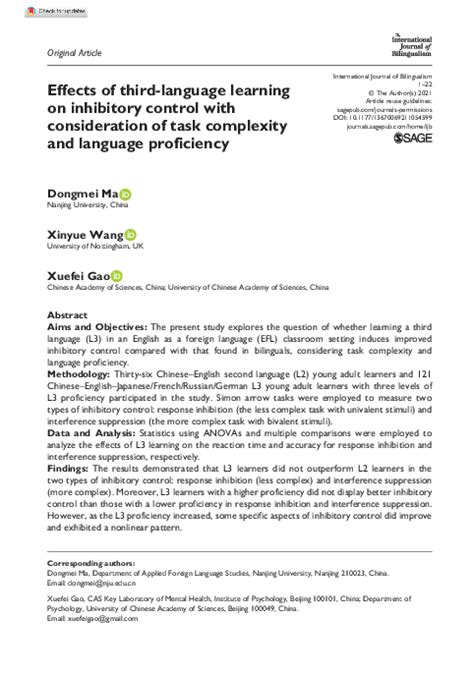 Pdf Effects Of Third Language Learning On Inhibitory Control With