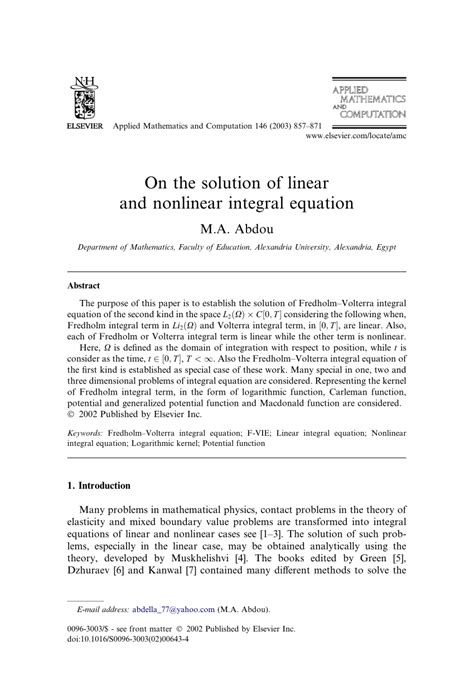 Pdf On The Solution Of Linear And Nonlinear Integral Equation