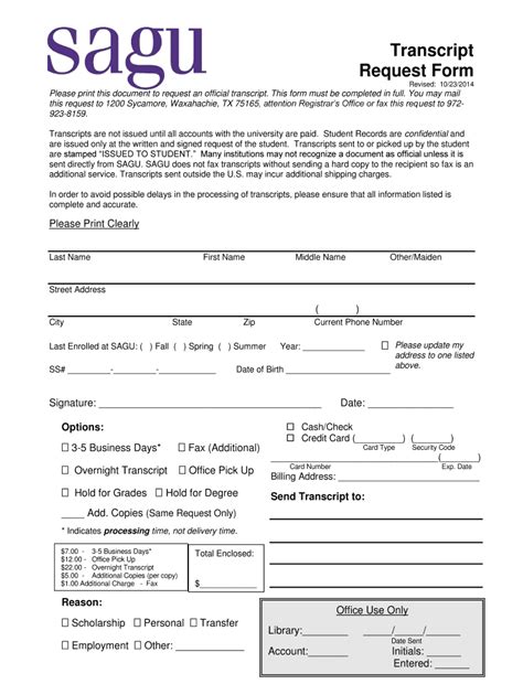 Download A Printable Transcript Request Form Pdf Sagu Fill Out