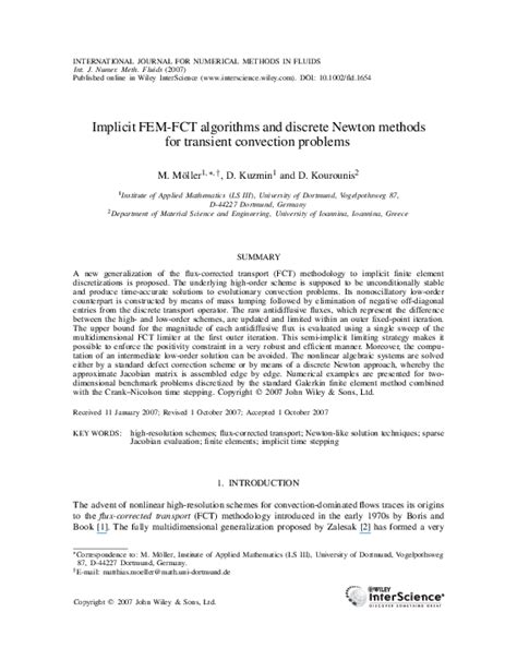 Pdf Implicit Fem Fct Algorithms And Discrete Newton Methods For Transient Convection Problems