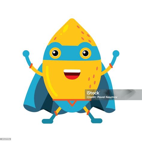 귀여운 만화 마스크와 파란색 케이프 다채로운 슈퍼 히어로 레몬 미소 Humanized 과일 문자 벡터 일러스트 레이 션 건강한 생활방식에 대한 스톡 벡터 아트 및 기타