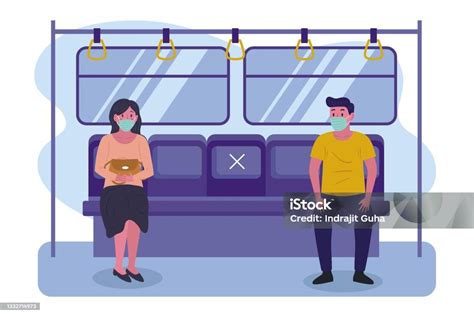 대중 교통에서 사회적 이질 지하철에 있는 사람들 얼굴에 보호 마스크를 가진 남성과 여성 캐릭터 인간은 앉아서 지하철에 서 코비드19 팬데믹 18 19세에 대한 스톡 벡터