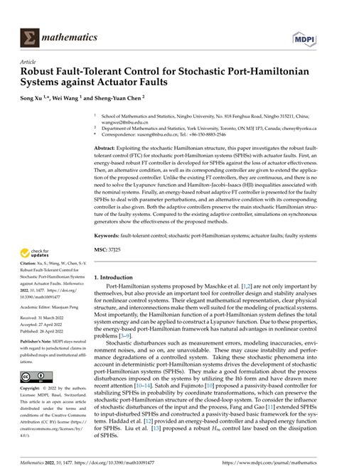 Pdf Robust Fault Tolerant Control For Stochastic Port Hamiltonian Systems Against Actuator Faults