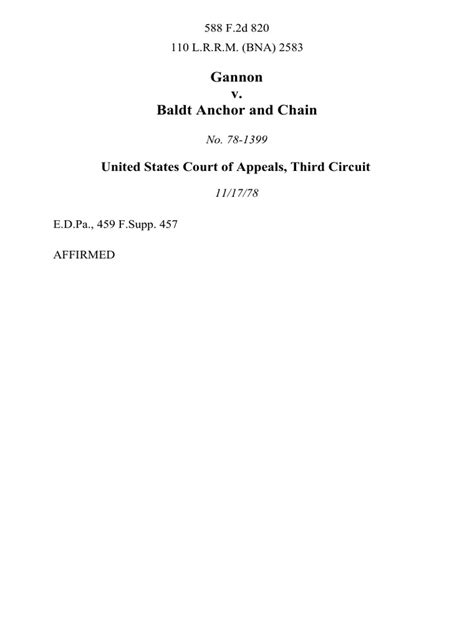 Gannon V Baldt Anchor And Chain 588 F 2d 820 3rd Cir 1978 Pdf