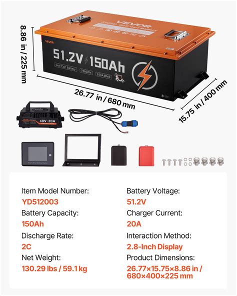 Vevor 48v 512v 150ah Lithium Golf Cart Battery With 20a Charger
