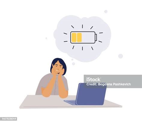 배터리가 부족한 직장에서 피곤한 노동자 정서적 육체적 소진 피곤한 여자가 노트북으로 테이블에 앉아있다 정신 건강 문제 벡터 일러스트 레이션 개념 활력에 대한 스톡 벡터 아트