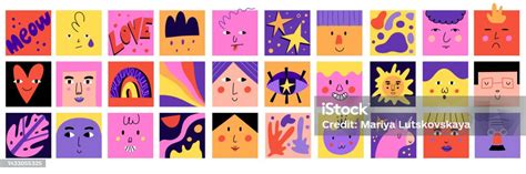 재미있는 만화 캐릭터 추상 사각형 일러스트 세트 낙서 해피 트렌디 한 아바타 미소 사람들 초상화 현대 기하학적 컬렉션 손으로 그린 벡터 유니콘 고양이와 태양 트렌디 한 형태