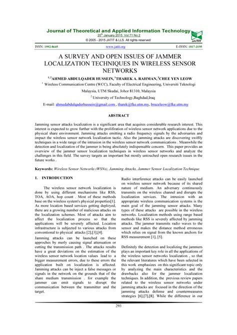 Pdf A Survey And Open Issues Of Jammer Localization Techniques In Wireless Sensor Networks