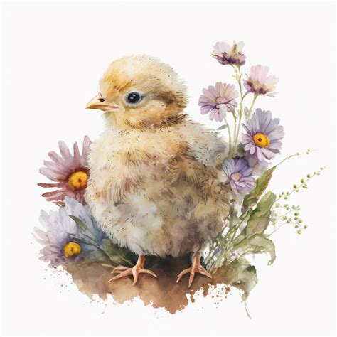 Una Pintura De Acuarela De Un Pollito Con Flores Foto Premium