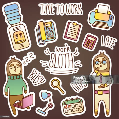 직장에서 시간을 보내는 비즈니스 나무늘보와 재미 벡터 스티커 팩 당신의 일기를 장식하는 귀여운 사진 사무 장비 항목 게으른 비 시간 엄수 직원 웹 상점의 디자인 0명에 대한