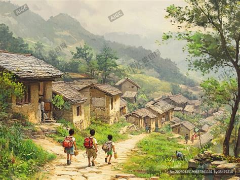 Ai创作图山村 学童 小路 房屋 树木 远山 乡村 田园 孩童 风景 自然 村落 山坡 绿植 家园 昵图网