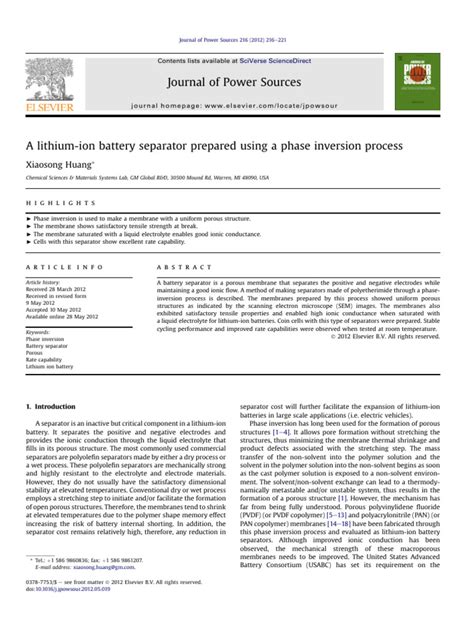 A Lithium Ion Battery Separator Prepared Using A Phase Inversion Process Pdf Electricity