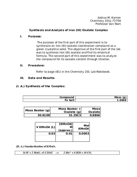 Doc Synthesis And Analysis Of Iron Iii Oxalate Complex
