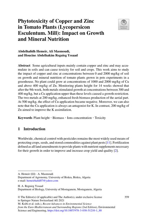 Pdf Phytotoxicity Of Copper And Zinc In Tomato Plants Lycopersicon