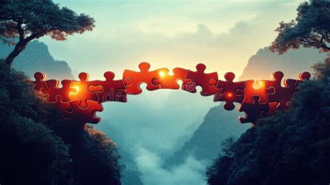 Glowing Bridge Of Interlocking Puzzle Pieces Connects Two Contrasting Landscapes Symbolizing