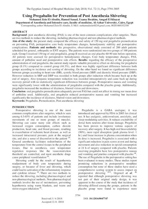 PDF Using Pregabalin For Prevention Of Post Anesthesia Shiveringegyptianjournal Xyz 721 20
