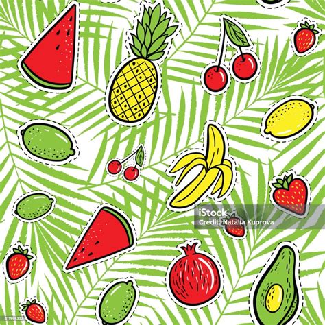 손으로 그린된 패션 패치 열 대 과일 레몬 아보카도 파인애플 바나나 야 자 잎 원활한 패턴에 수 박 벡터 일러스트 레이 션 배경입니다 팝 아트 Patche 핀 배지 8090