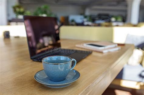 Modern Remote Work Setup With Coffee And Electronics Stock Image Image Of Workspace Indoor