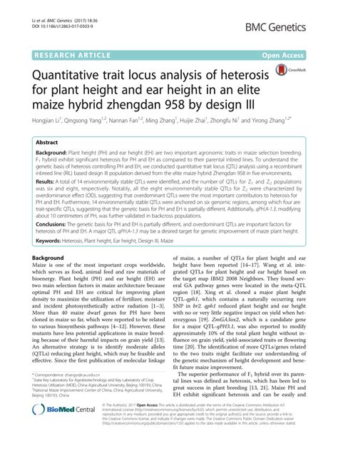 Pdf Quantitative Trait Locus Analysis Of Heterosis For Plant Height