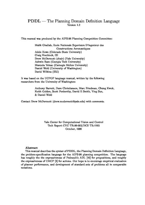 Pdf Pddl The Planning Domain Definition Language
