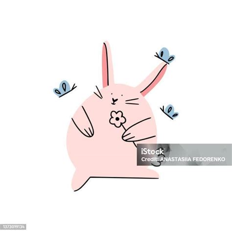 귀여운 부활절 고립 된 분홍색 토끼와 꽃 한 발에 꽃과 그 주위에 나비 인사말 카드 배너 초대장 전단지에 적합합니다 4월에 대한 스톡 벡터 아트 및 기타 이미지 Istock