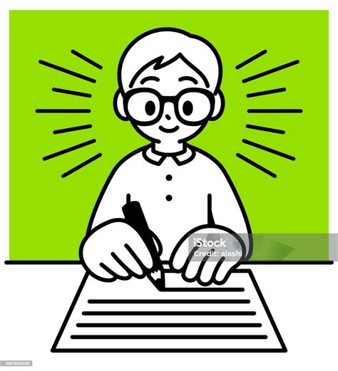 뿔테가 달린 안경을 쓰고 책상에 앉아 연필 미니멀리스트 스타일 흑백 윤곽선으로 유창하게 글을 쓰는 공부에 열중하는 소년 시험에