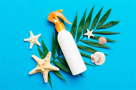 자외선 차단제 스프레이 병 태양 보호 크림과 색상 배경에 열대 녹색 잎이있는 바다 껍질이있는 병 상단 전망 0명에 대한 스톡 사진 및 기타 이미지 Istock