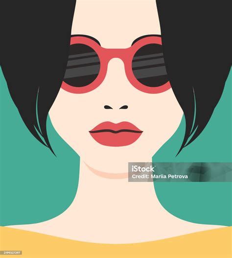 선글라스를 착용 한 단발 머리를 한 여자 복고풍 스타일의 선글라스를 낀 여성 얼굴의 추상적인 미니멀리스트 초상화 벡터 일러스트